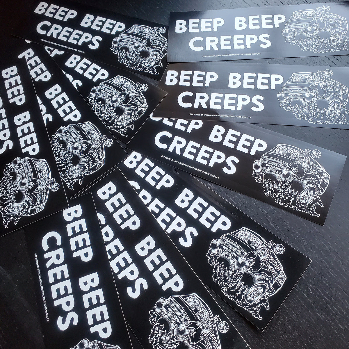 BEEP BEEP CREEPS bumper sticker | Discount Cemetery